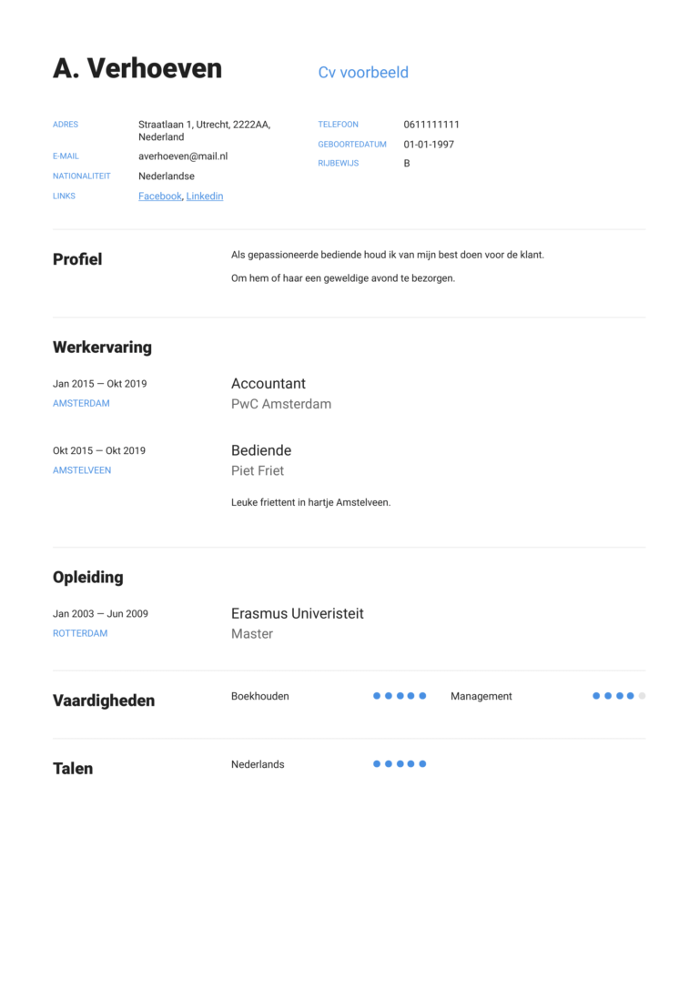 CV Voorbeeld 2020 - 20+ Gratis voorbeeld CV's In PDF en Word.