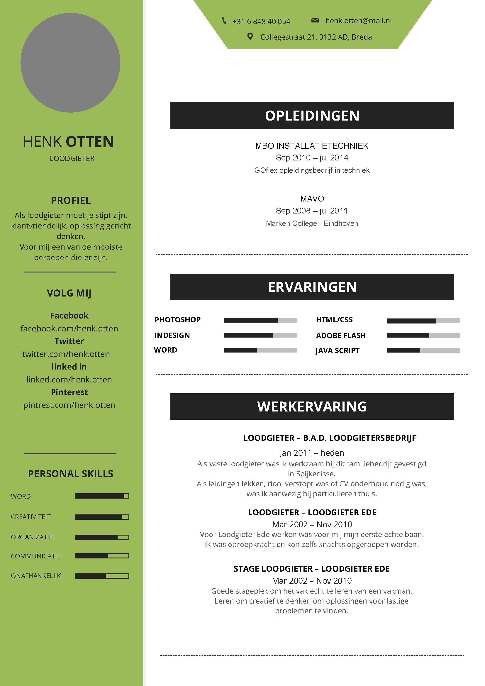 Cv voorbeeld Loodgieter - Gratis Download - PerfectCV.nl