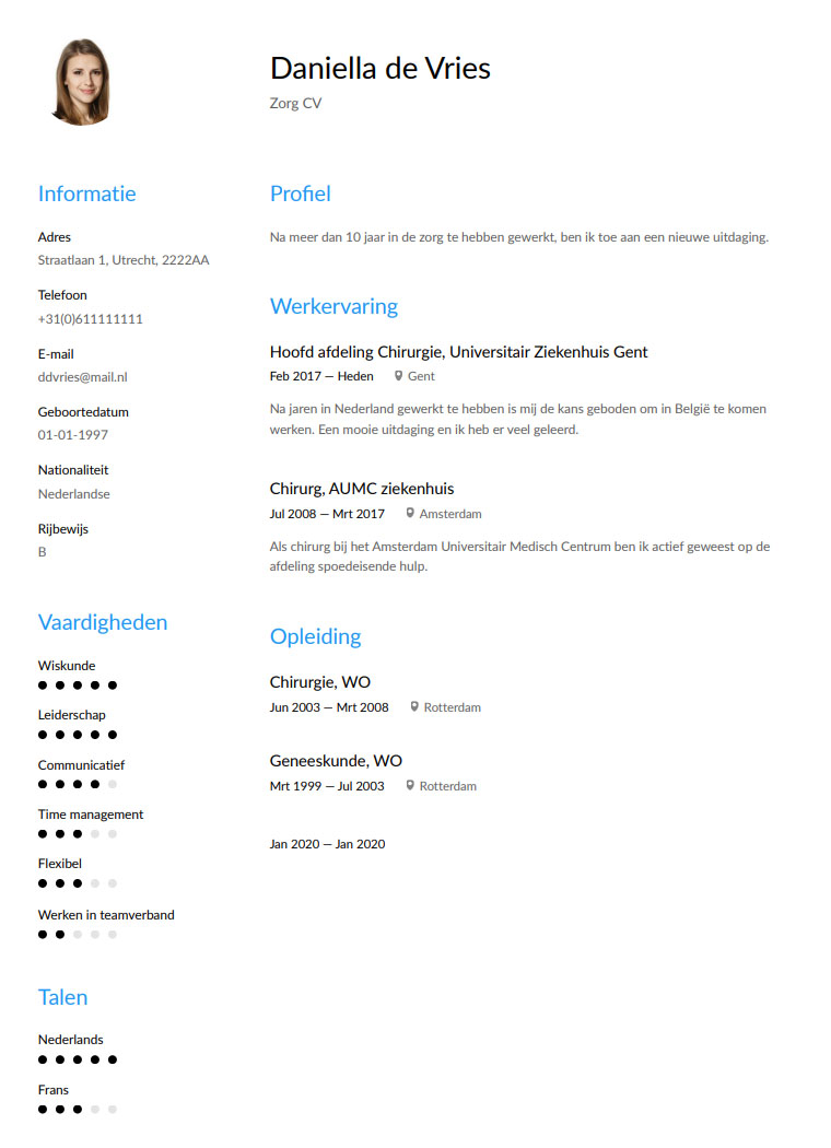 Voorbeeld Cv Zorg - Gratis Downloaden in Word & PDF - Perfectcv.nl